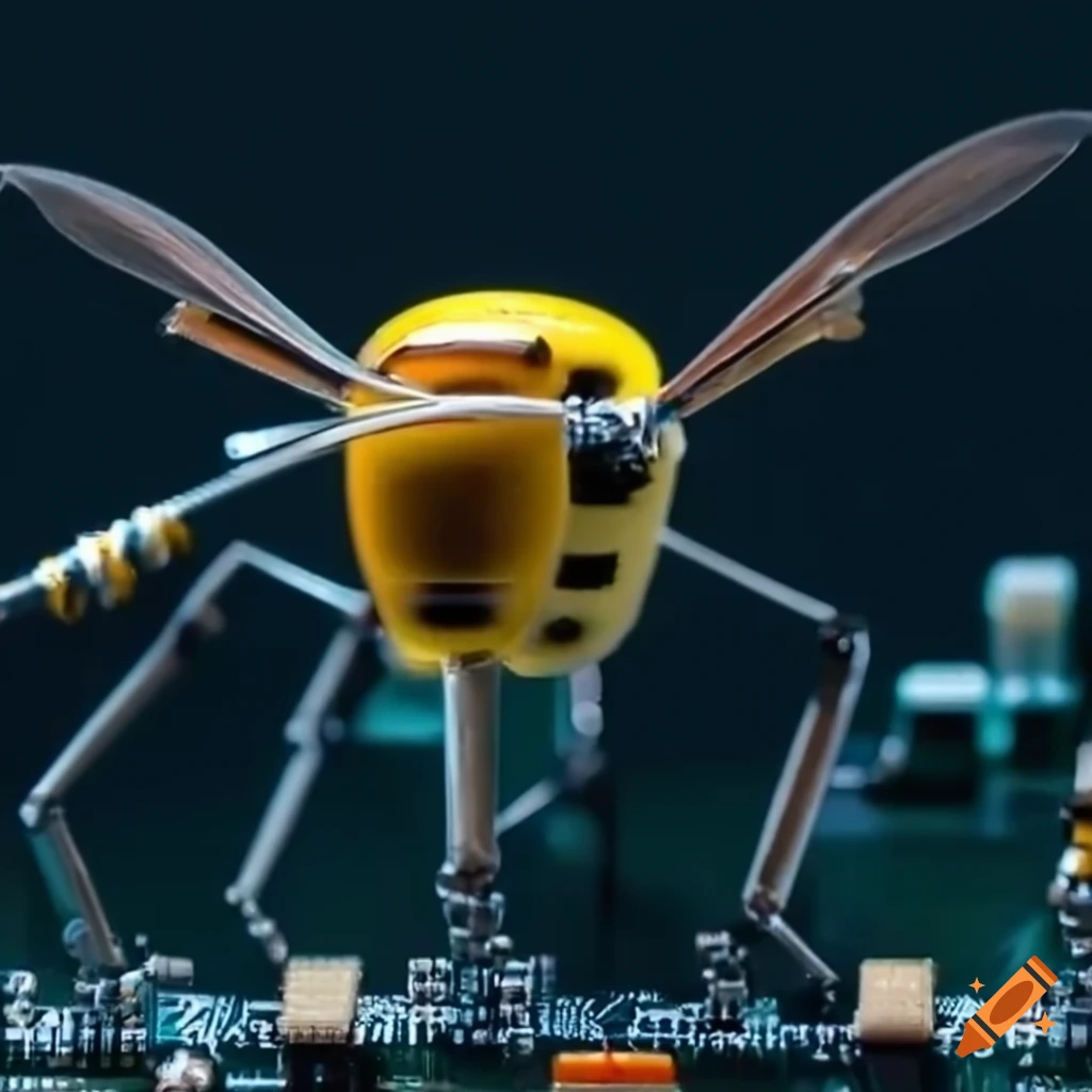 Robotic bee landing on a circuit board on Craiyon