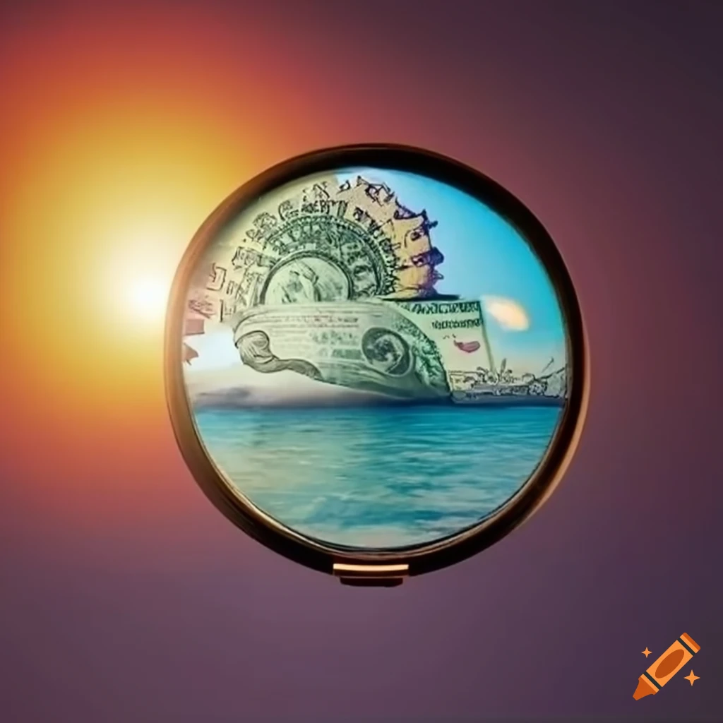 Sun with a magnifying glass and money