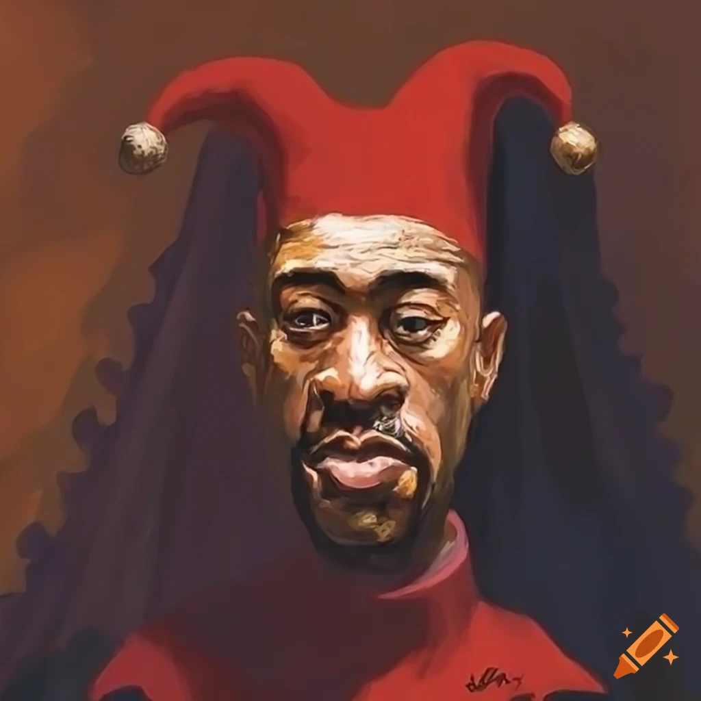 Painting of George Floyd in a red Jester outfit sitting on a throne on ...