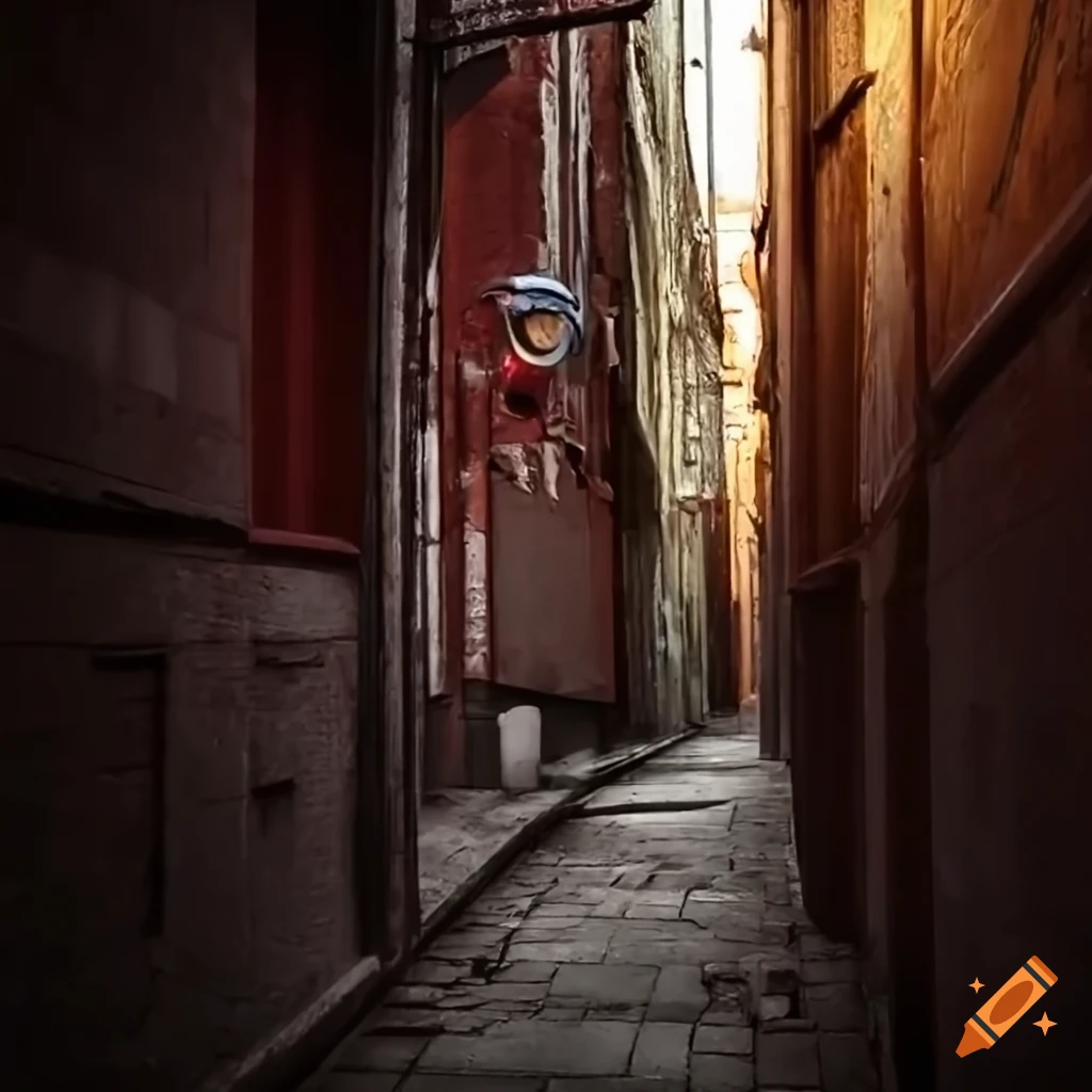 Domino's noid in a dark alleyway on Craiyon