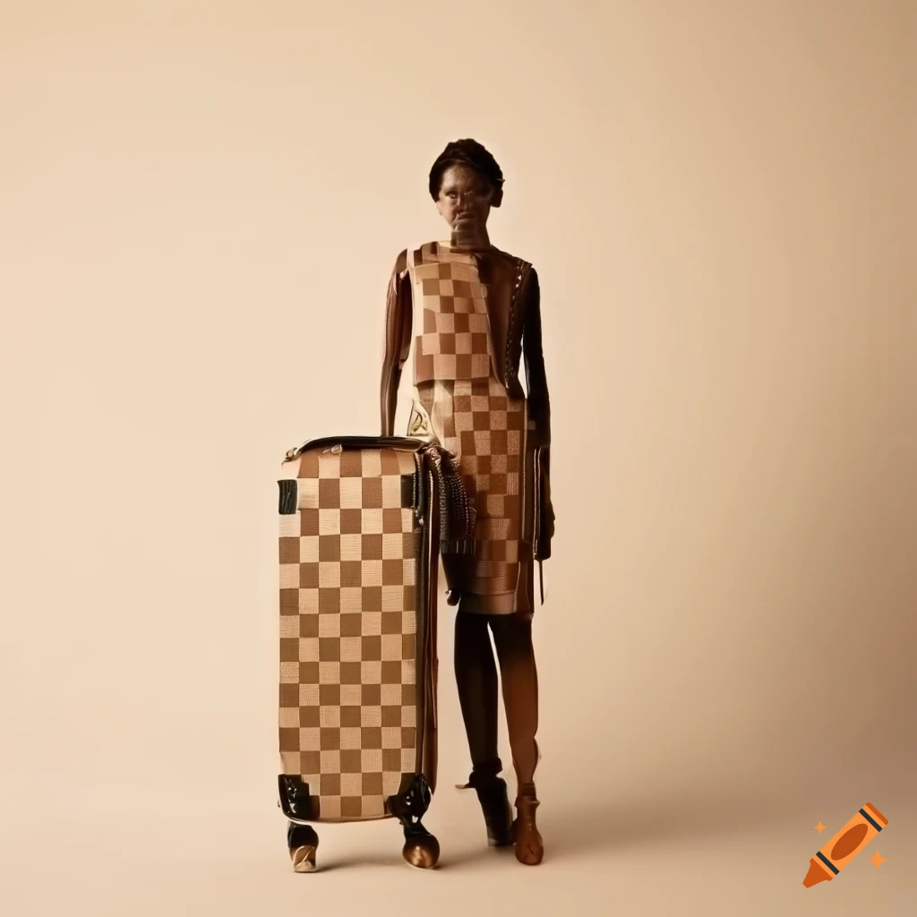 Elegant beige and gold suitcase with a checkerboard pattern on Craiyon