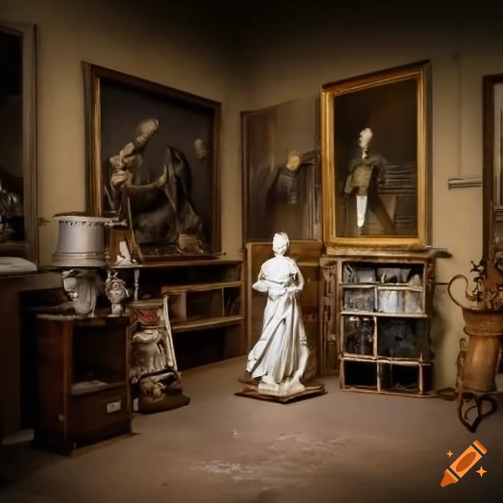 Cluttered victorian art studio with angel statues on Craiyon