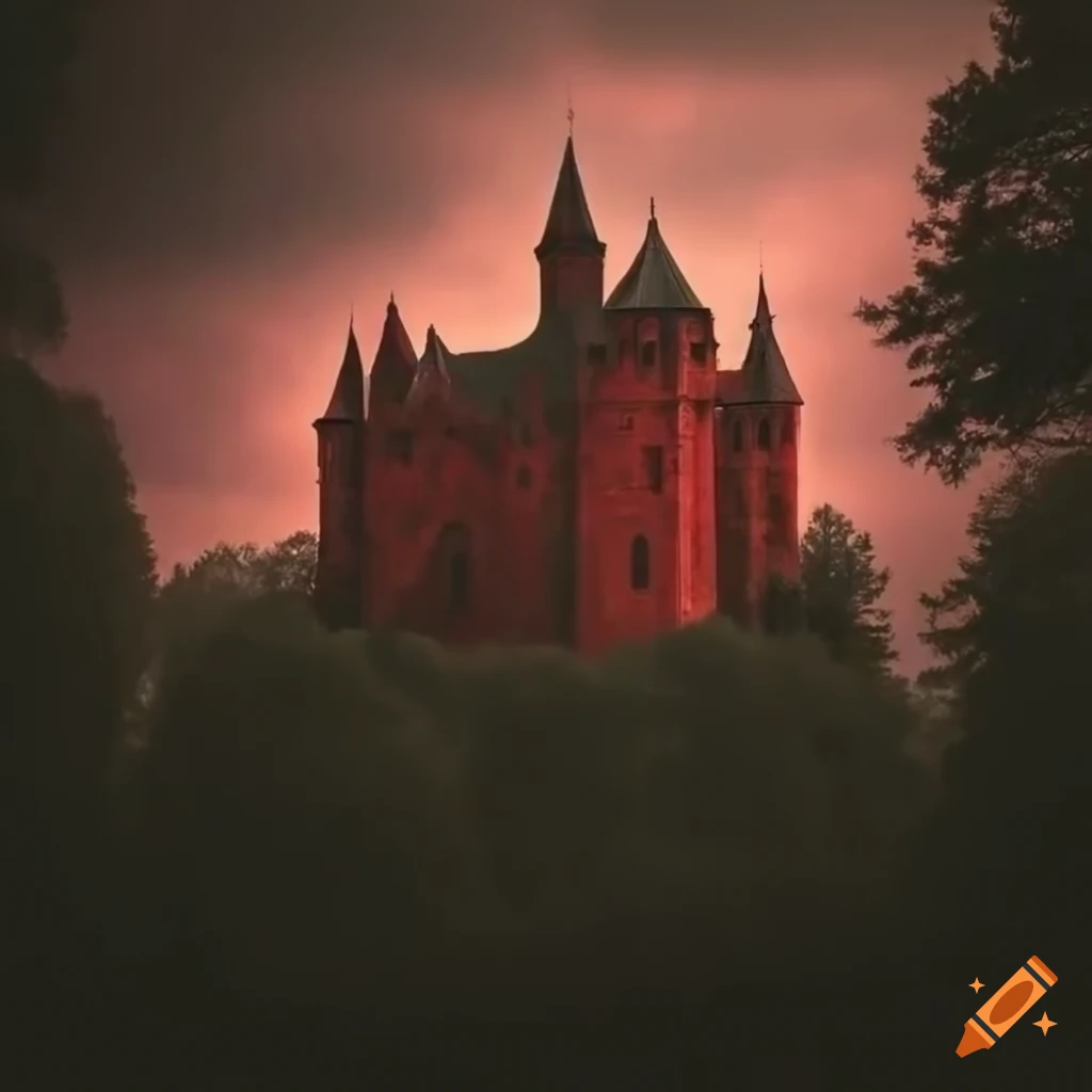 Beautiful old red castle in a park surrounded by trees on Craiyon
