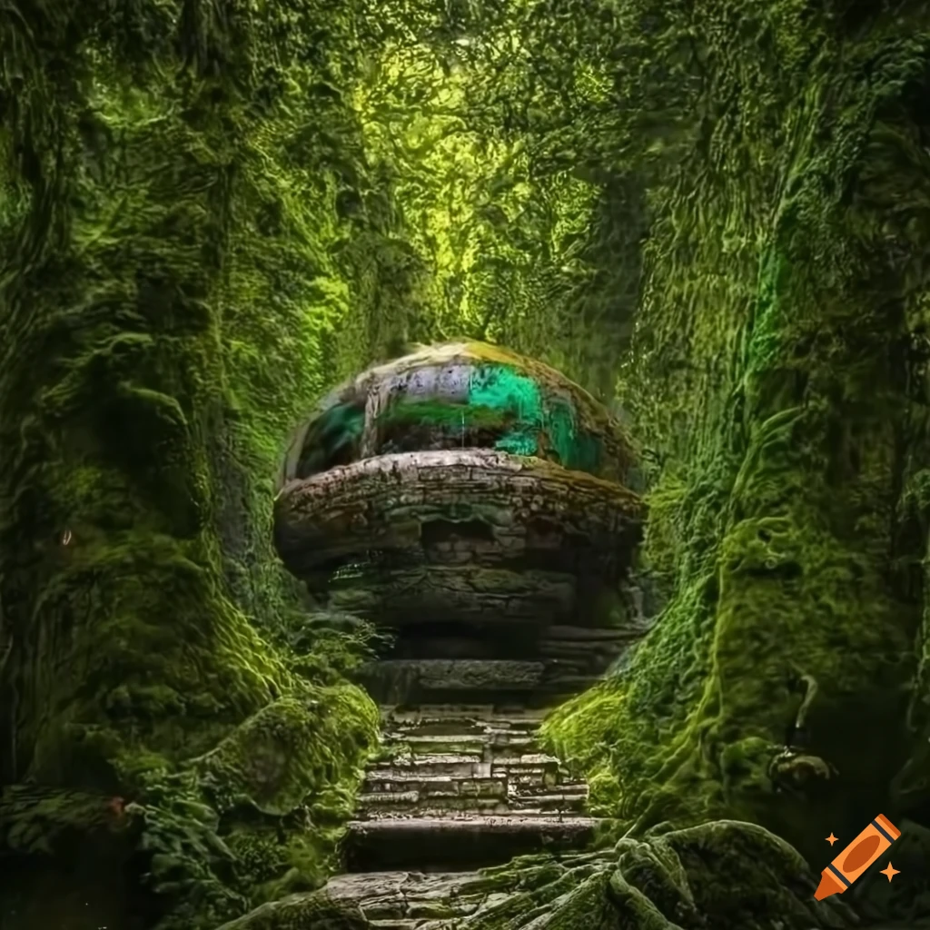 Image of abandoned spaceship in a jungle with aztec ruins on Craiyon