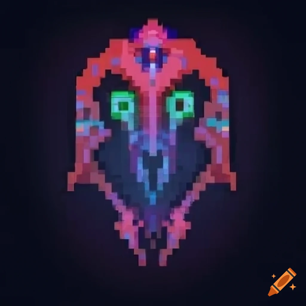 Pixel art of a human consciousness transforming into a crest on Craiyon