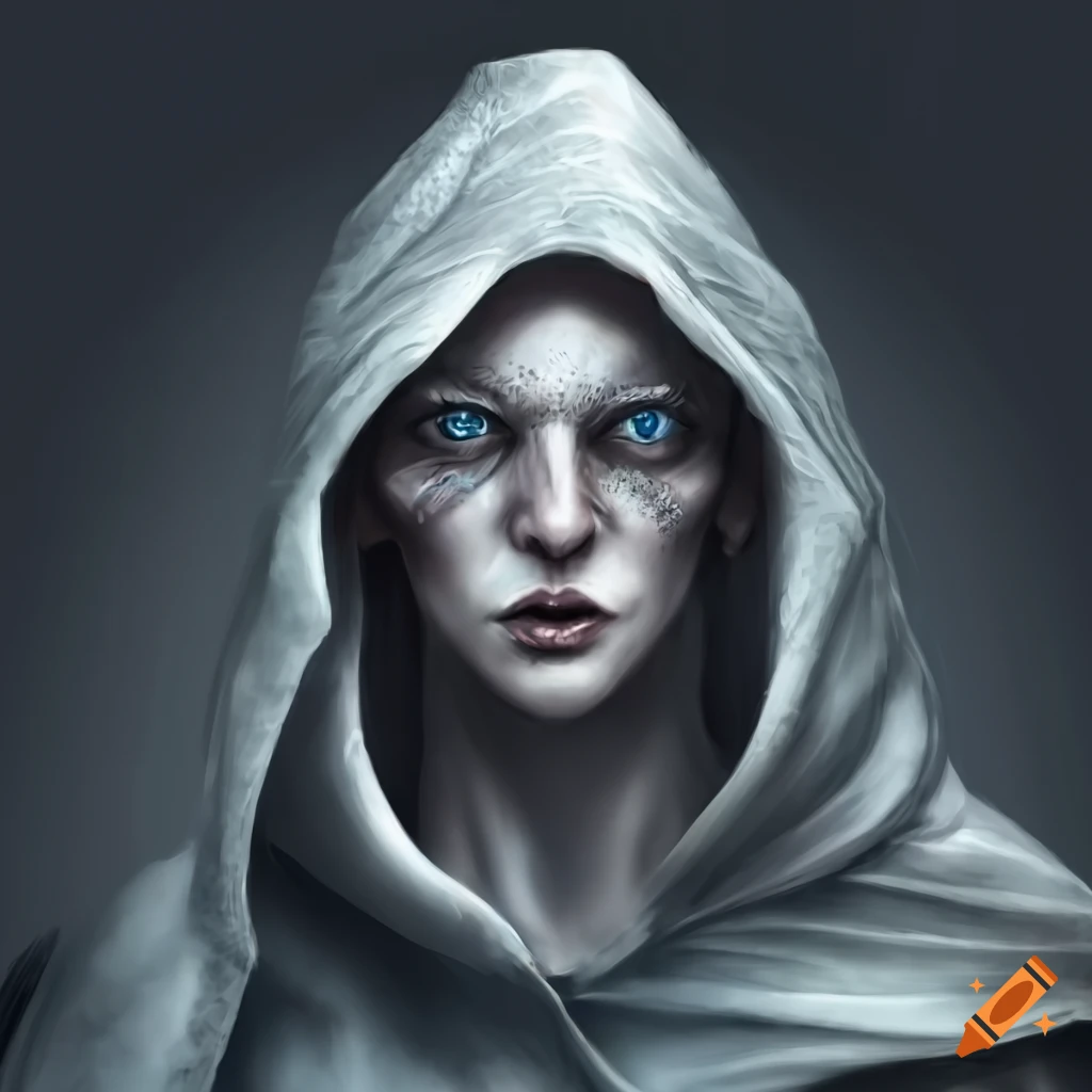 Fantasy portrait of a cloaked silver-skinned shapechanger on Craiyon