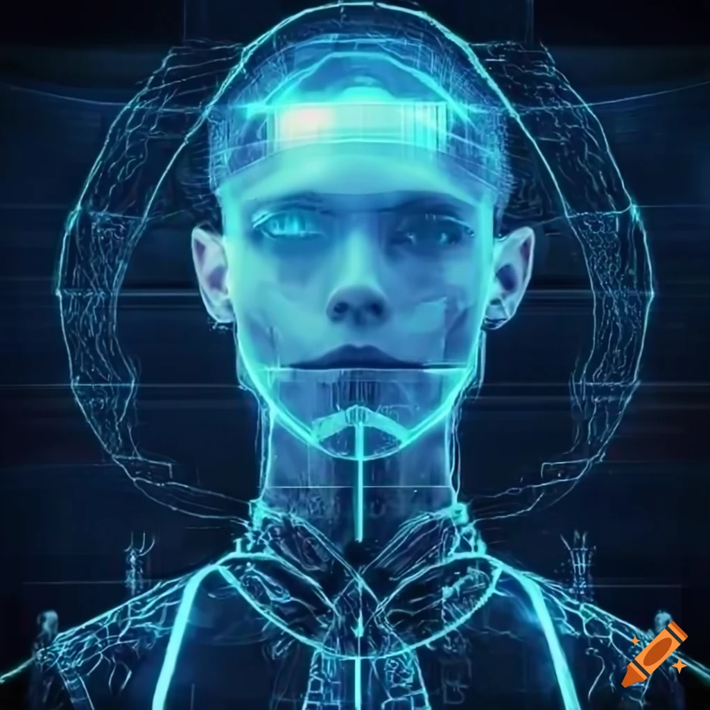 Futuristic programmer in blue backdrop on Craiyon