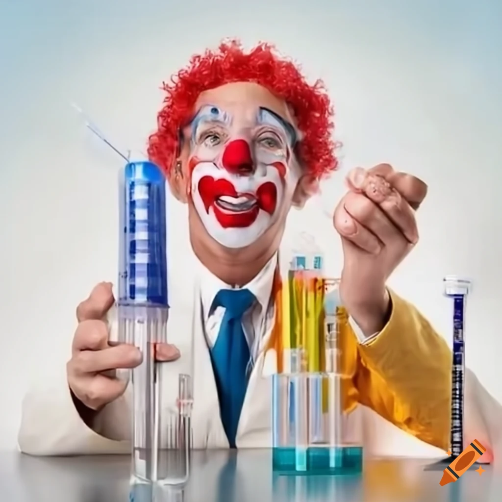 Satirical illustration of a clown scientist in a chemistry lab on Craiyon