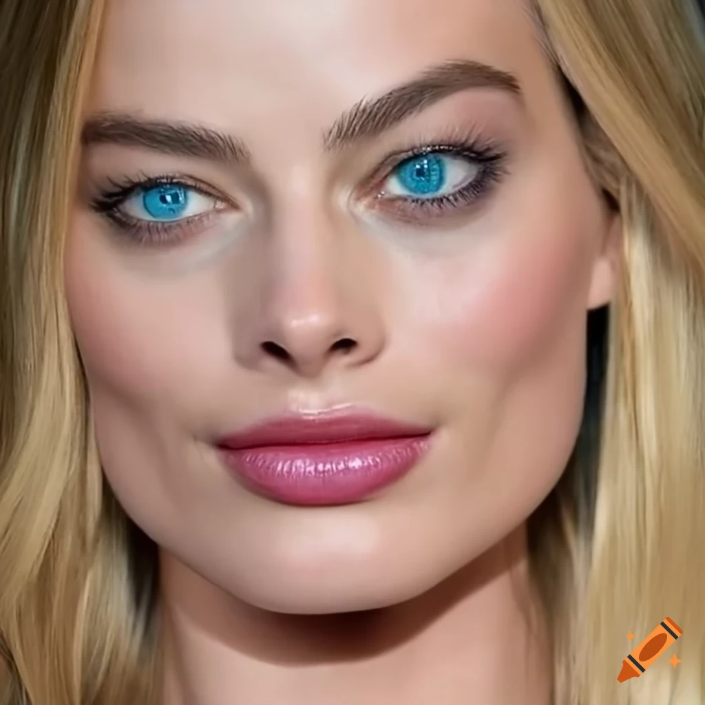 Portrait of margot robbie with blond hair and blue eyes on Craiyon