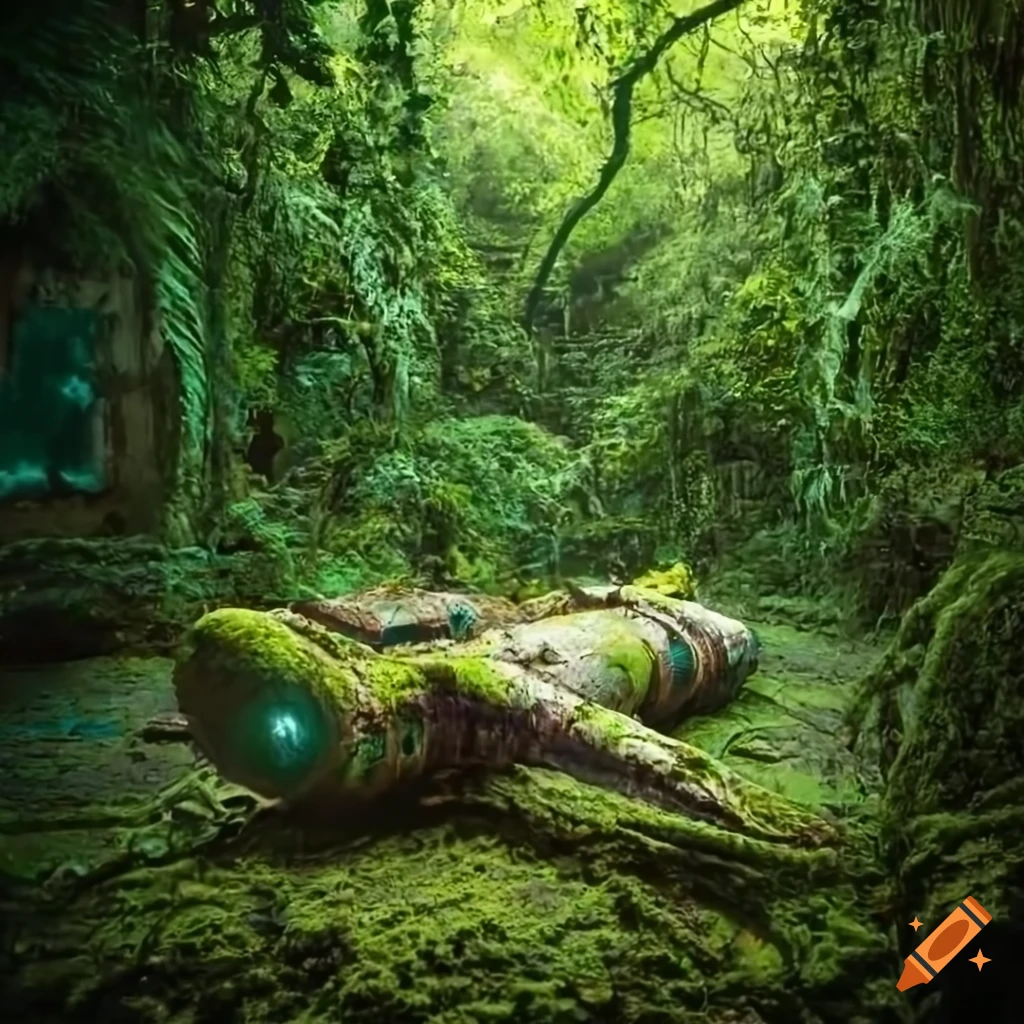 An abandoned spaceship in a lush jungle on Craiyon
