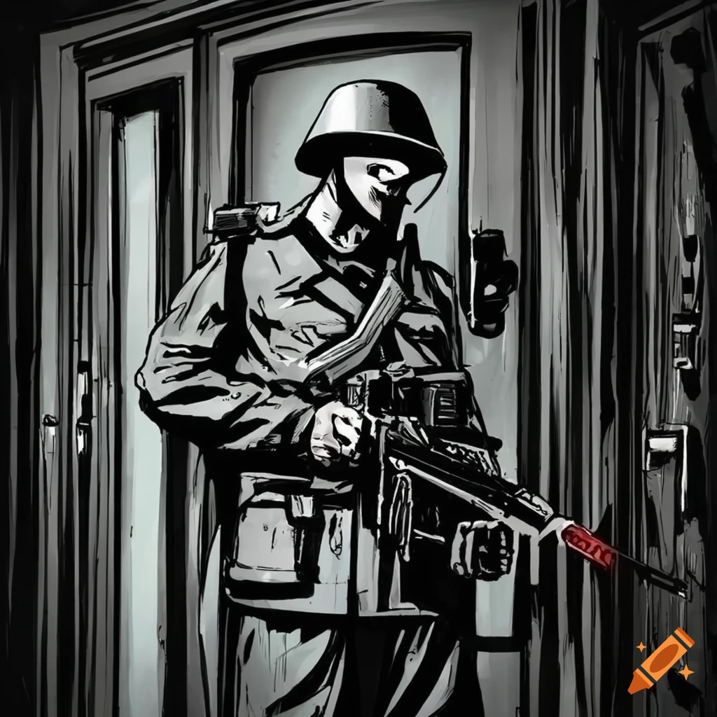 Black and white comic art of a german soldier guarding a door on Craiyon