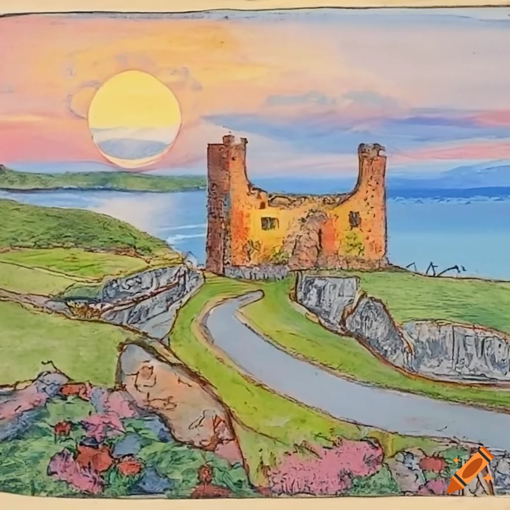 Sunrise in the irish countryside with cottage, flower bed, and castle ...