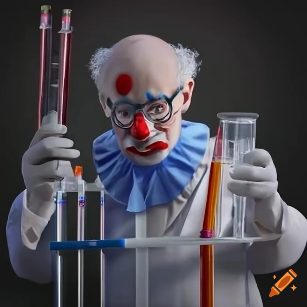 Satirical image of a scientist dressed as a clown conducting experiments