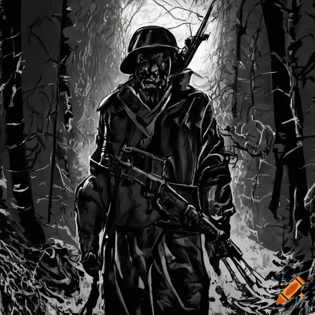 Comic book artwork of a French resistance fighter in a forest on Craiyon