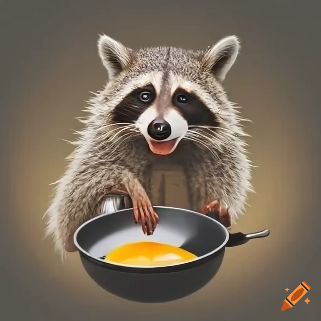 Raccoon chef cooking an egg