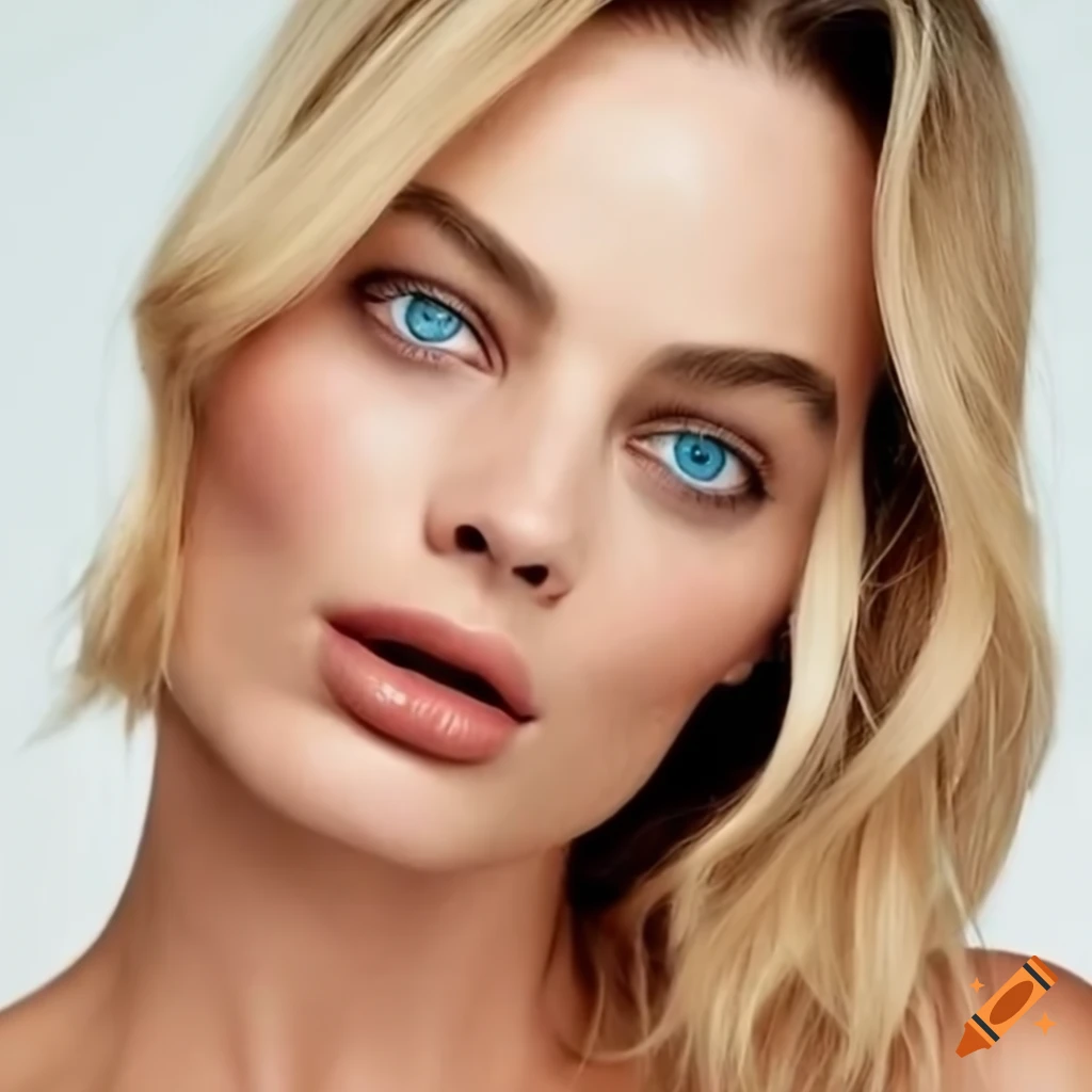 Portrait of margot robbie with blue catlike eyes on Craiyon