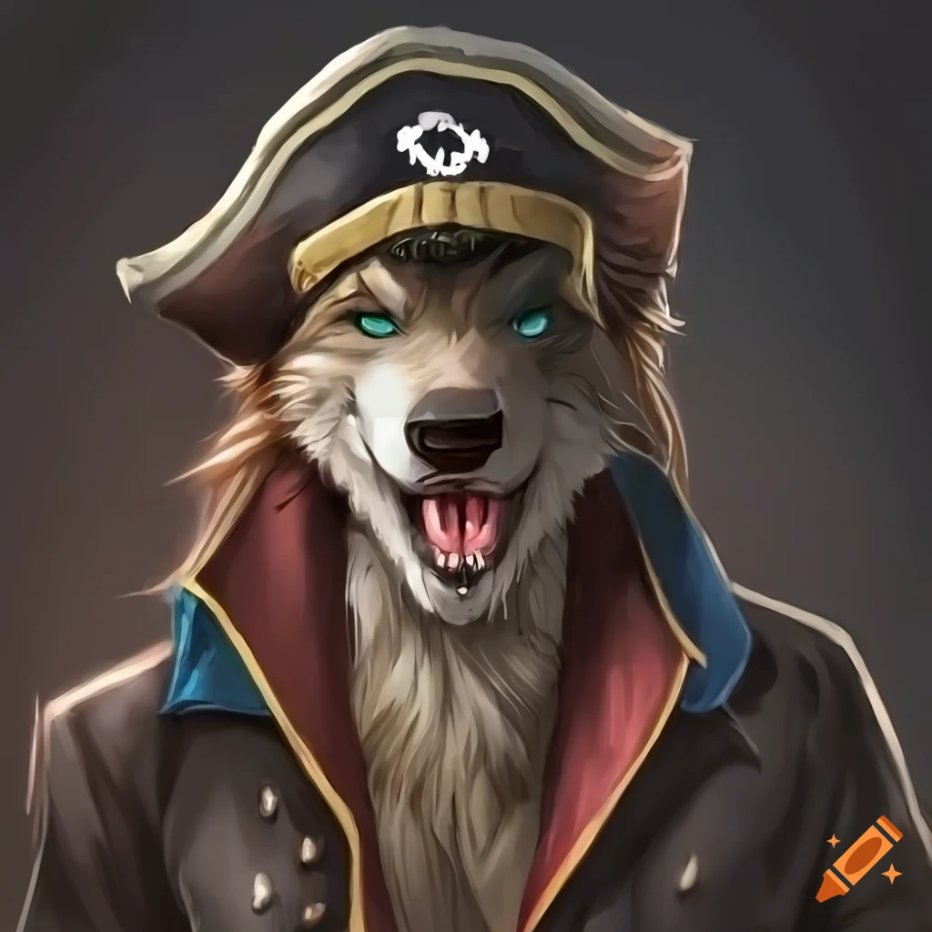 Hyperrealistic drawing of a pirate wolf on Craiyon
