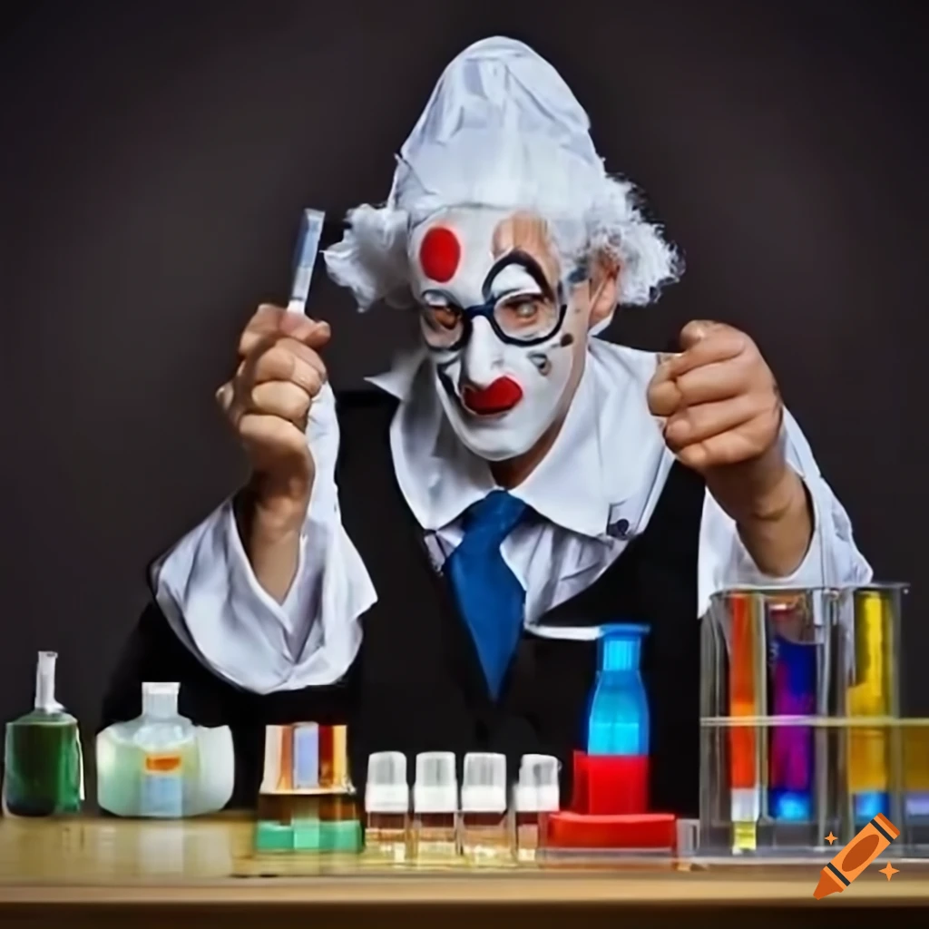 Satirical image of a clown scientist experimenting in a lab on Craiyon