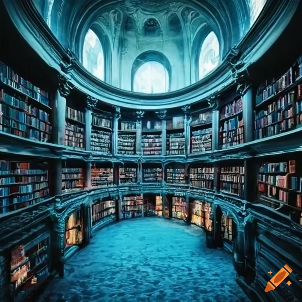 Image of a library in space with magical portals on Craiyon