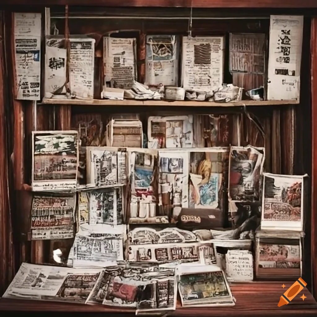 Antique newspaper stall on a small shipping barge on Craiyon