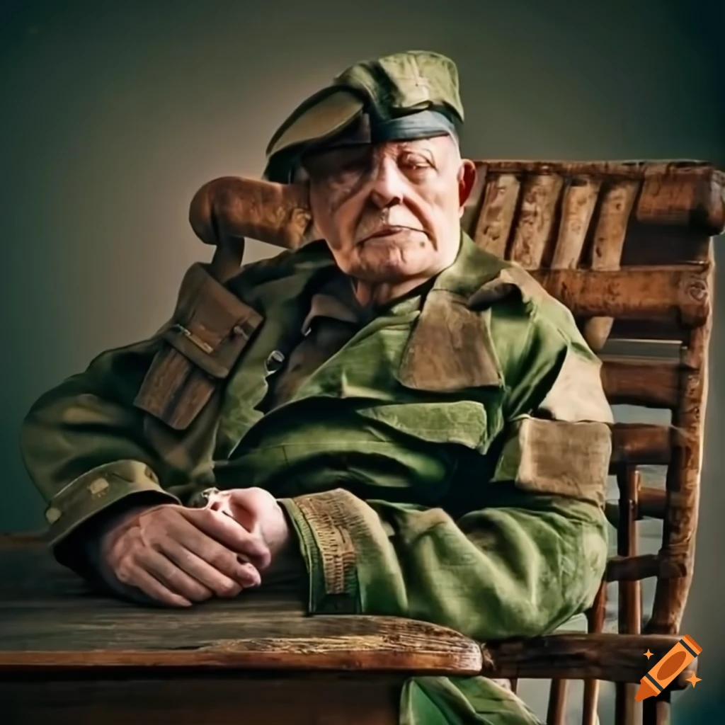 Canadian veteran sleeping in a wooden chair on Craiyon