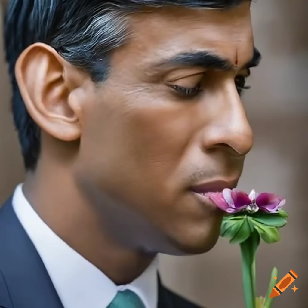 Profile of rishi sunak smelling a flower