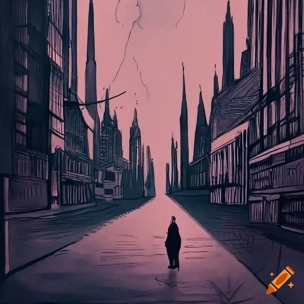 Dark inked drawing of a distant city skyline on Craiyon