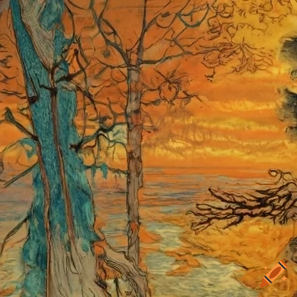 Ukiyo-e style mural woodcut of a colorful landscape on Craiyon