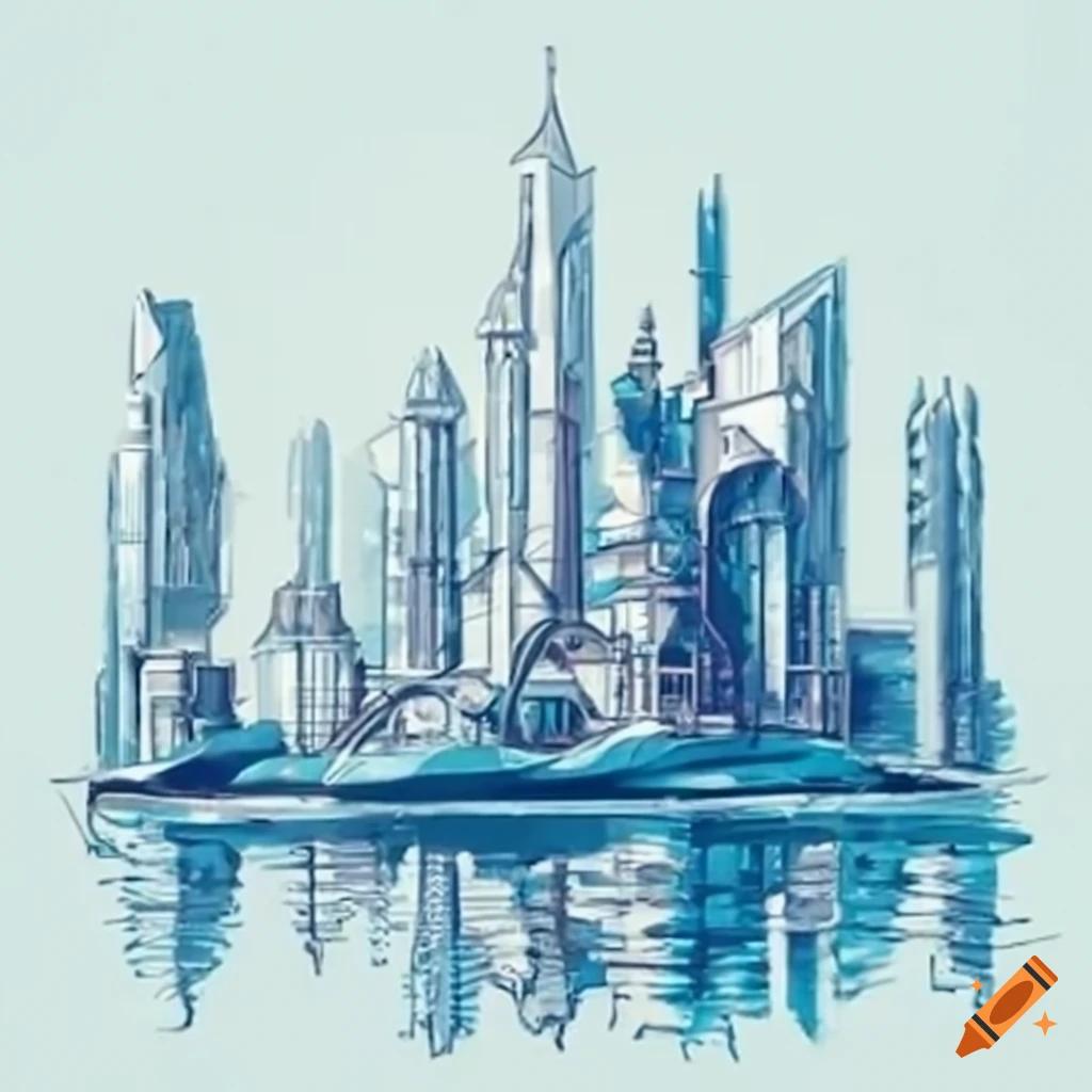 Image of a futuristic city built on water with green buildings and ...