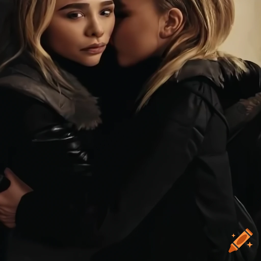 Picture of two actresses hugging in black winter jackets on Craiyon