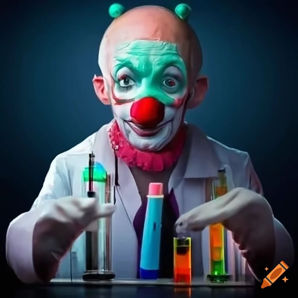 Satirical illustration of a clown scientist in a chemistry lab on Craiyon