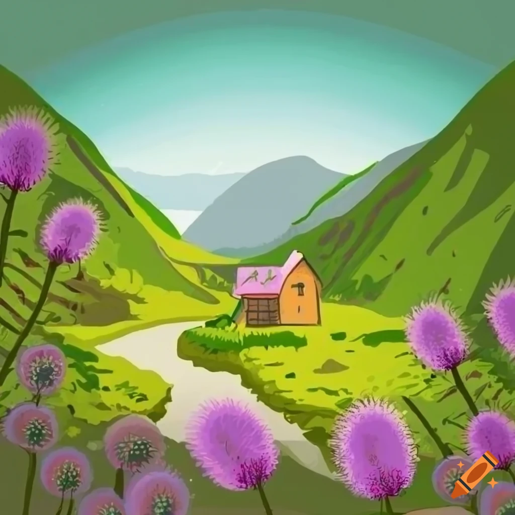 Cartoon illustration of a scottish highland glen with blooming thistles ...