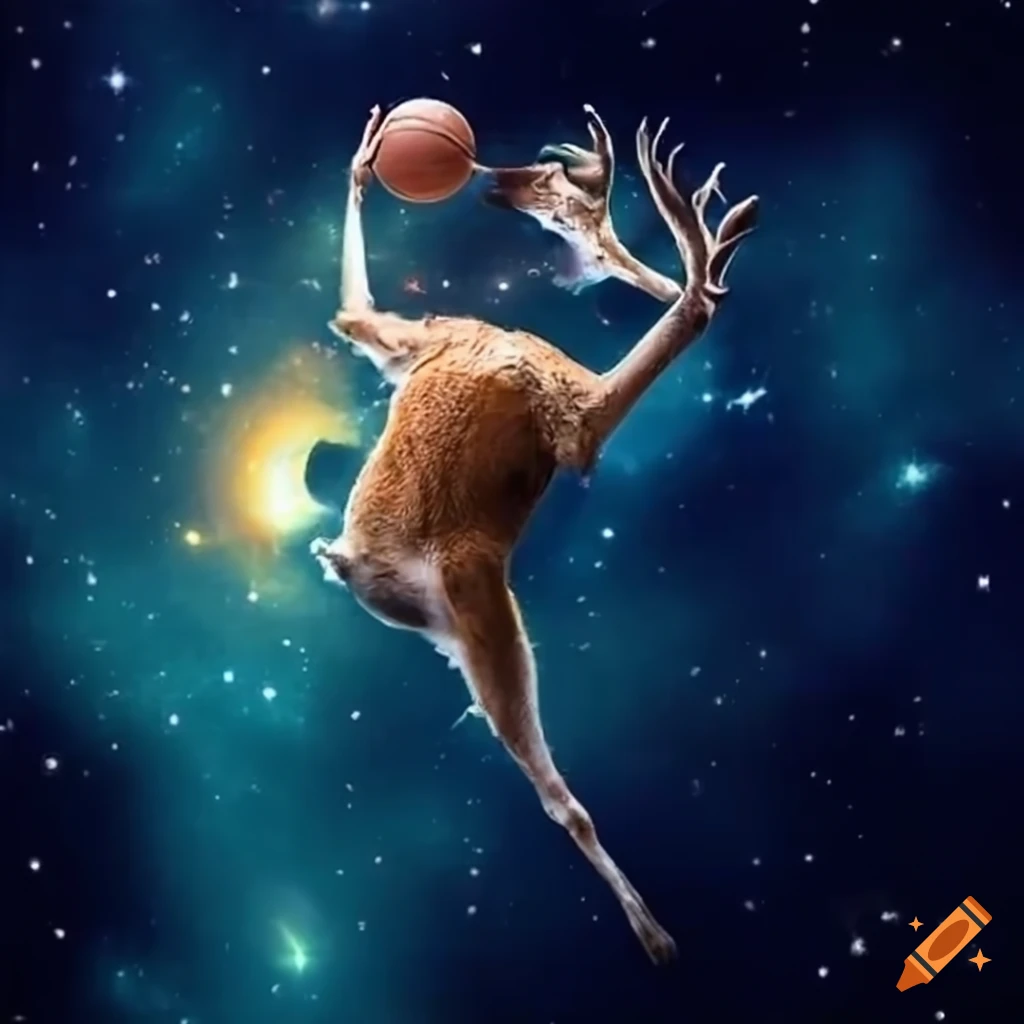 Humorous illustration of a deer dunking over a monkey in space on Craiyon