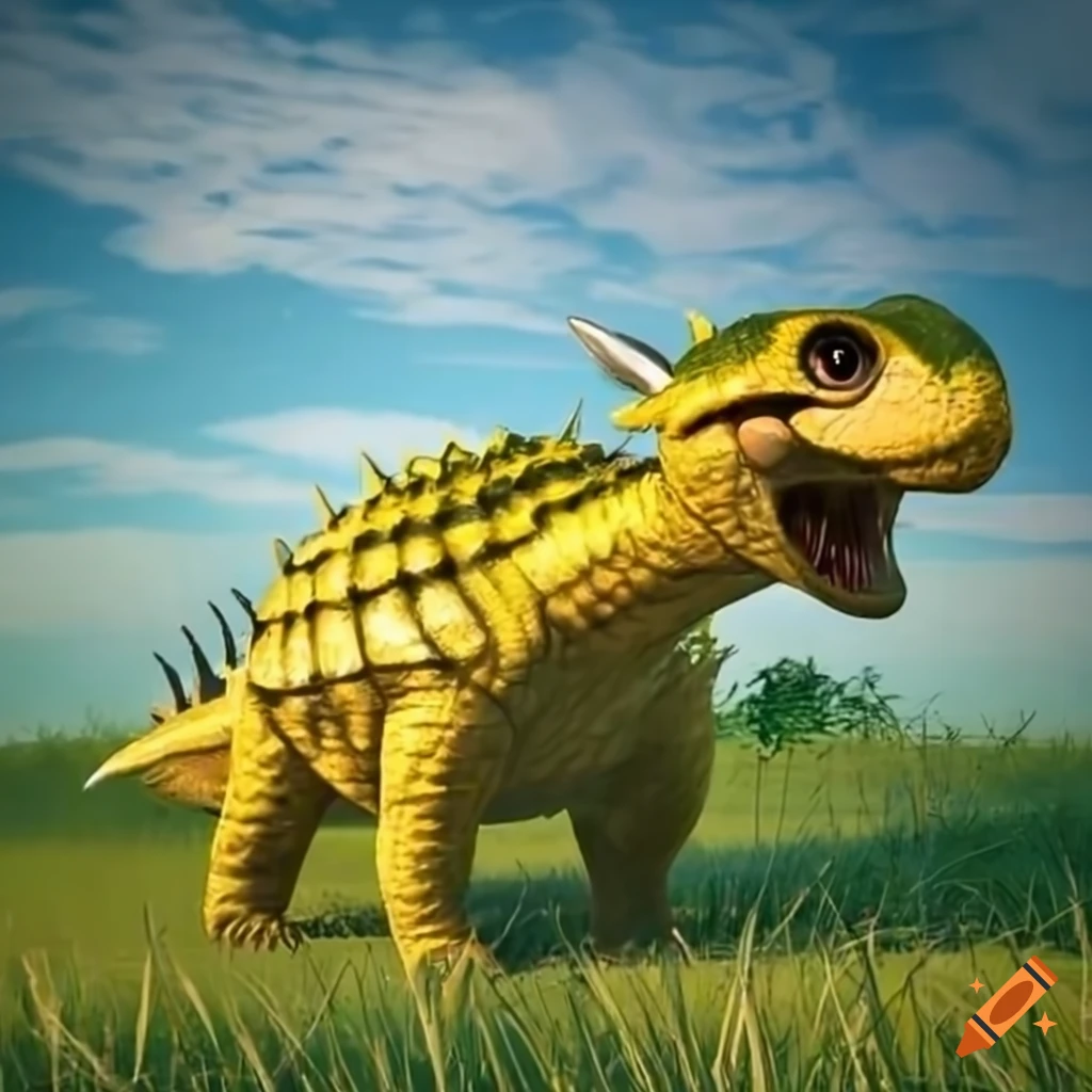 Image of a giant yellow ankylosaurus in a sunny grassland on Craiyon
