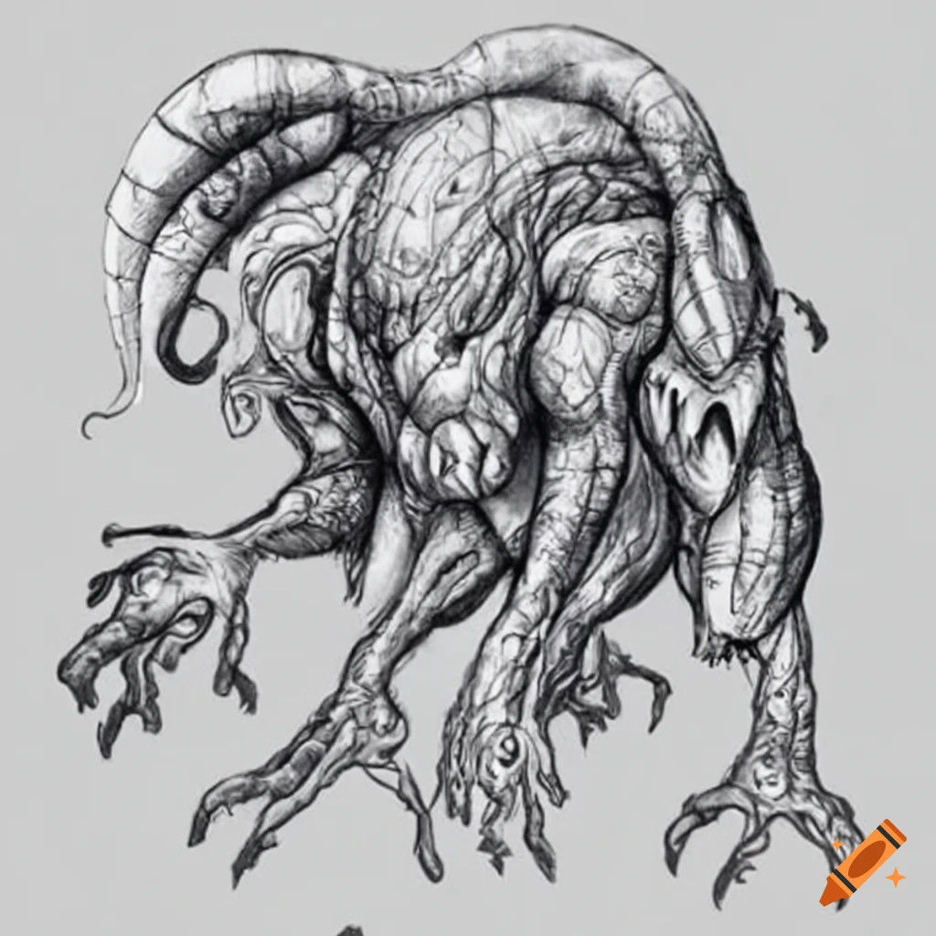 Detailed etching of a Lovecraftian chimera monster on Craiyon