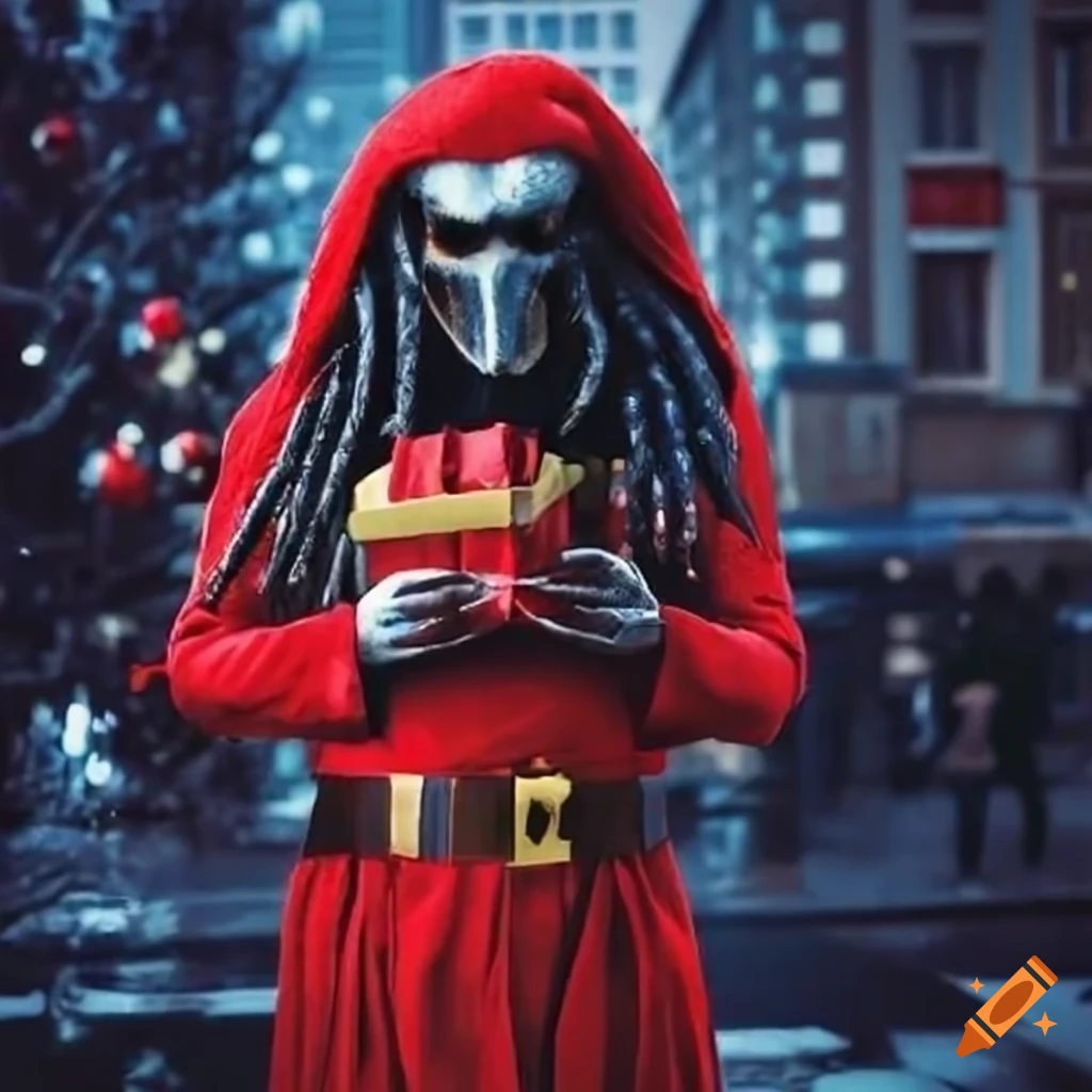 Predator in Christmas costume giving presents to people on Craiyon