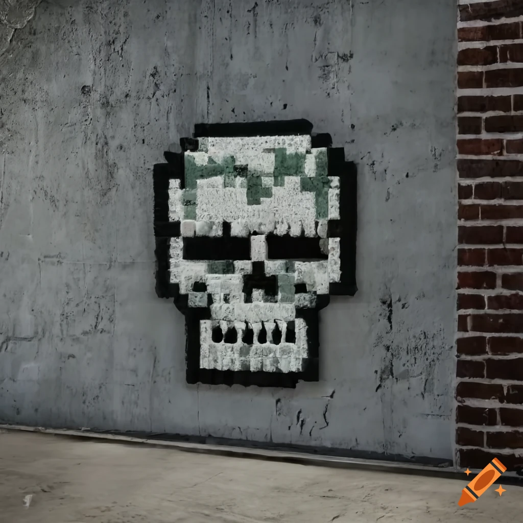Abstract pixel art of a concrete skull wall on Craiyon