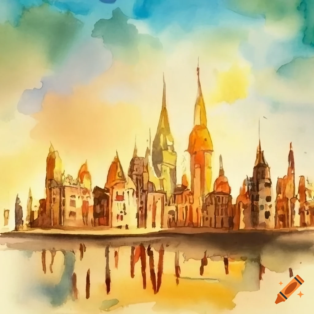 Indian steampunk city in a watercolor style on Craiyon