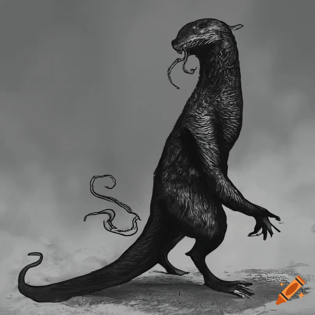 Detailed etching of a Lovecraftian insect-otter hybrid monster on Craiyon