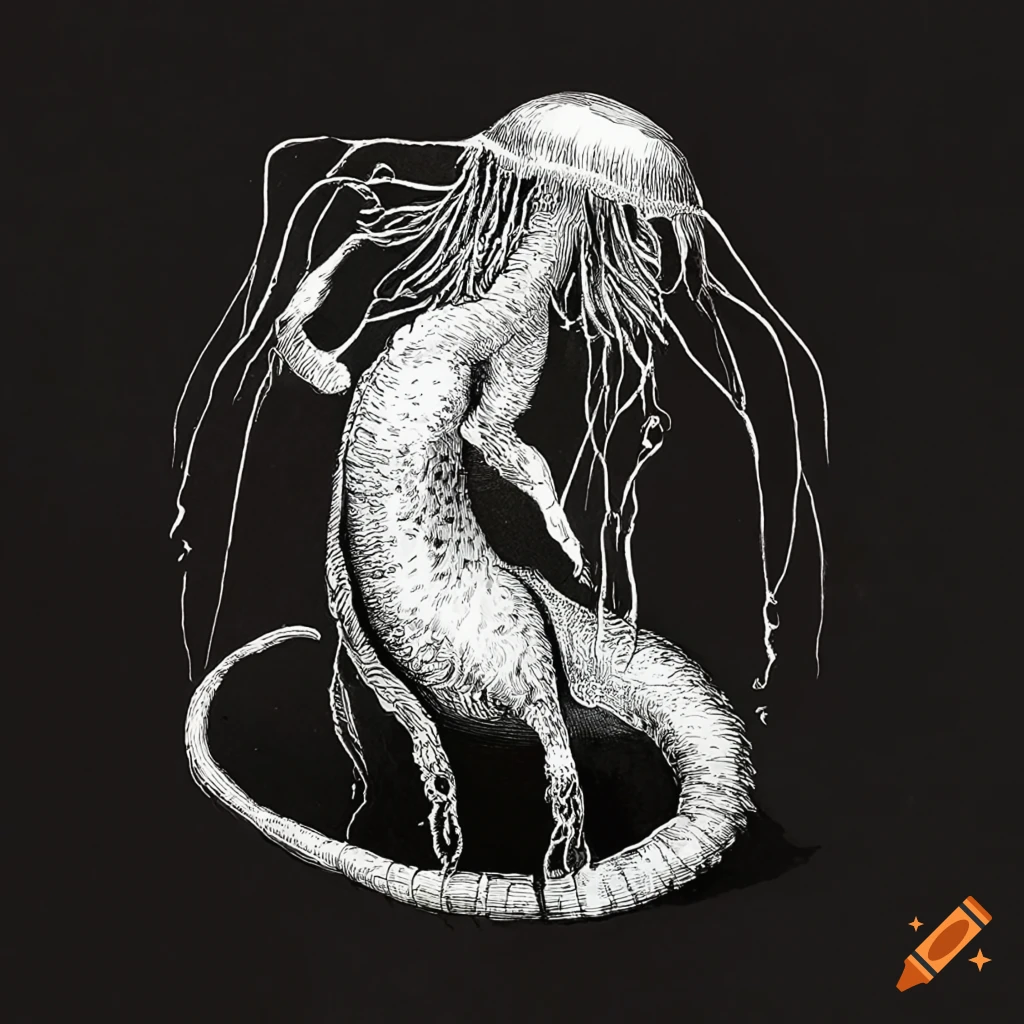Detailed etching of a lovecraftian jellyfish-otter hybrid monster on Craiyon