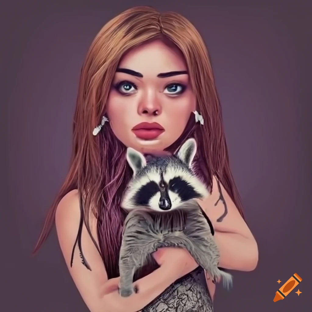 Girl with long hair holding hands with a raccoon on Craiyon