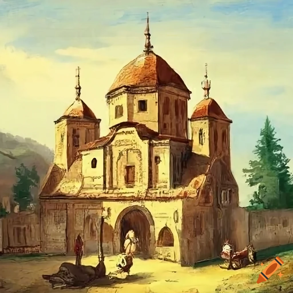 Renaissance oil painting of the interior of a russian orthodox church ...