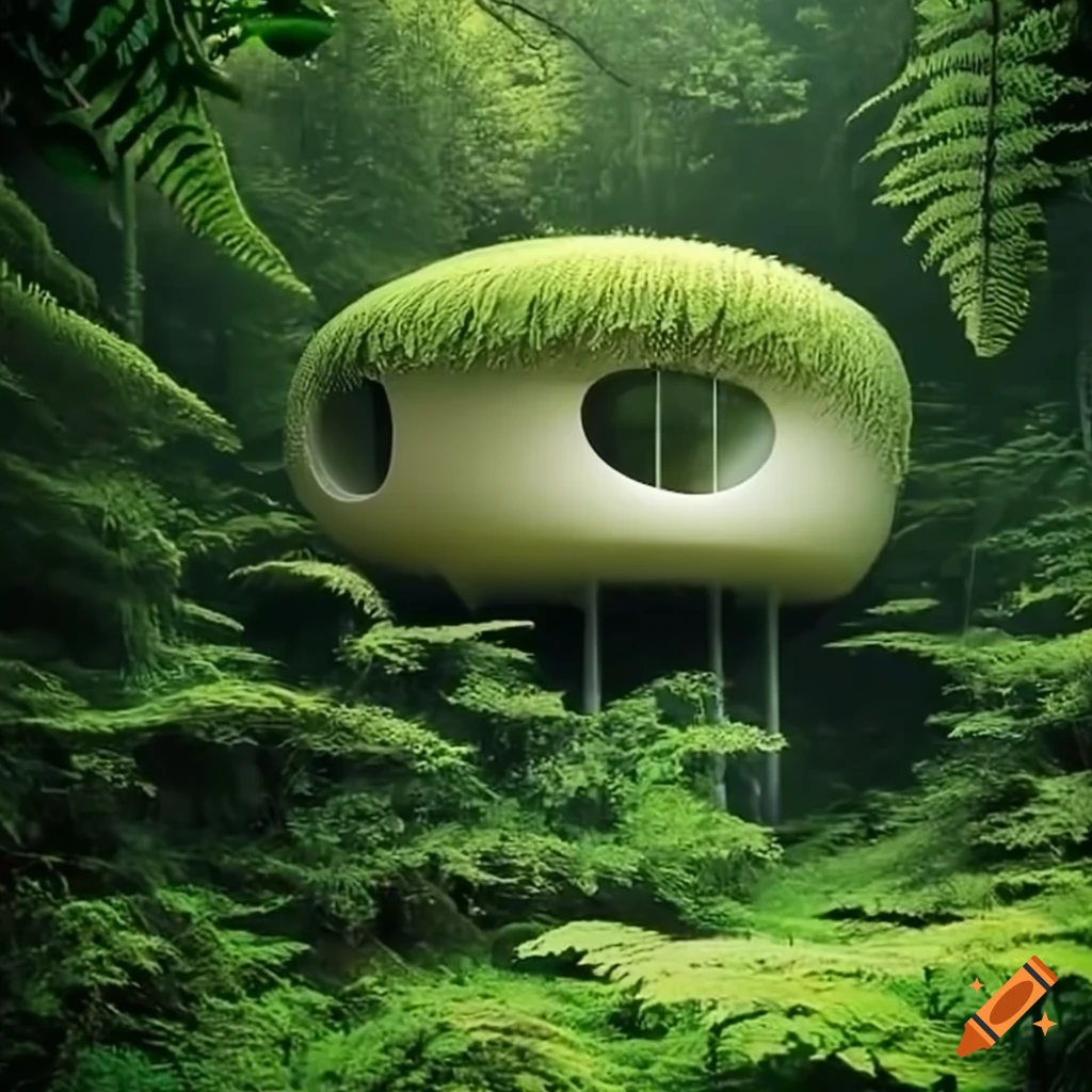 Biomorphic house surrounded by giant ferns on Craiyon