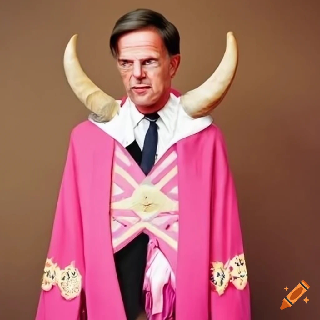 Satirical portrayal of mark rutte in a pink masonic robe
