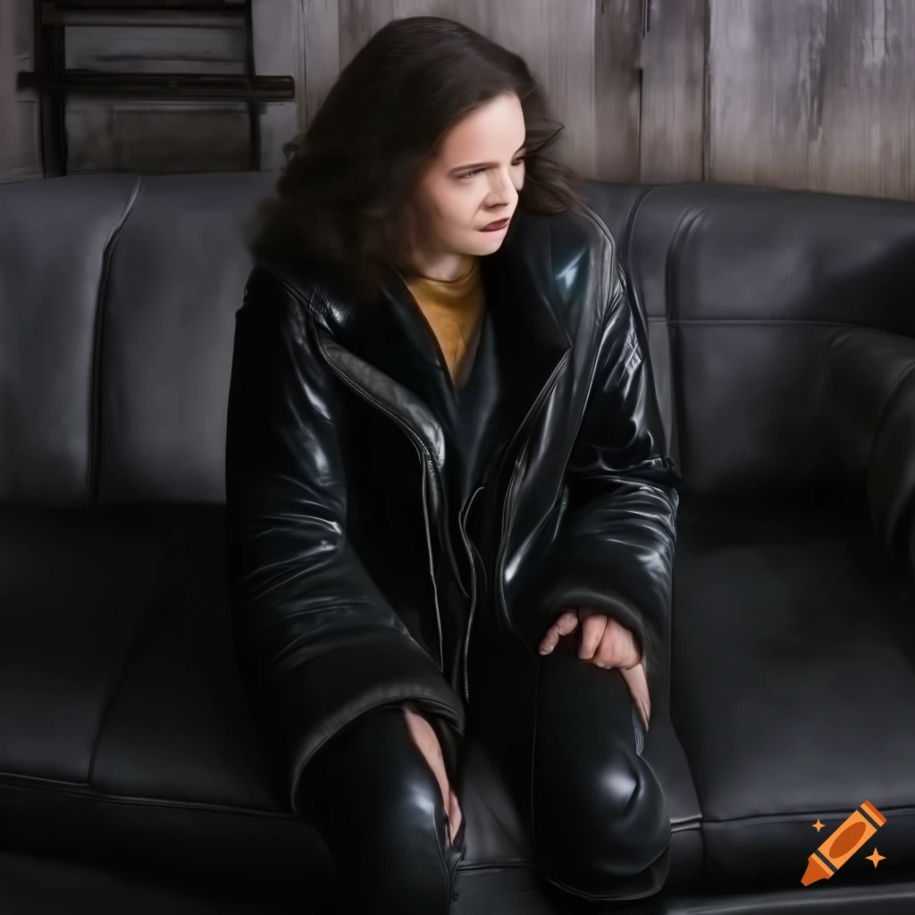 Young Irish woman wearing shiny black winter sheepskin outfit on Craiyon