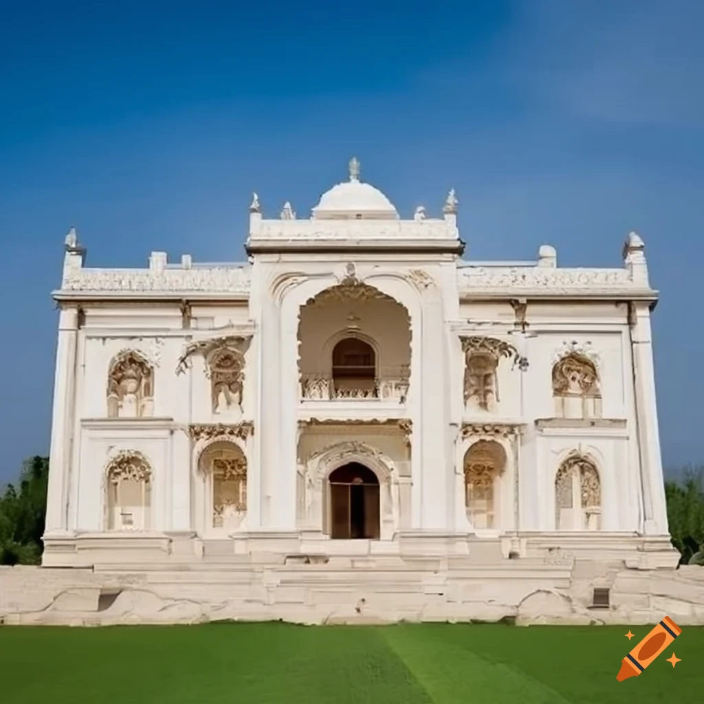 Frontal view of mahal white house in mediterranean architectural style ...