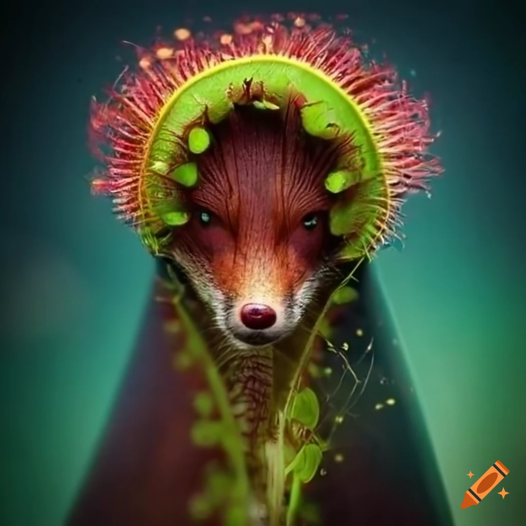 Surreal artwork of a fox in a carnivorous plant garden on Craiyon