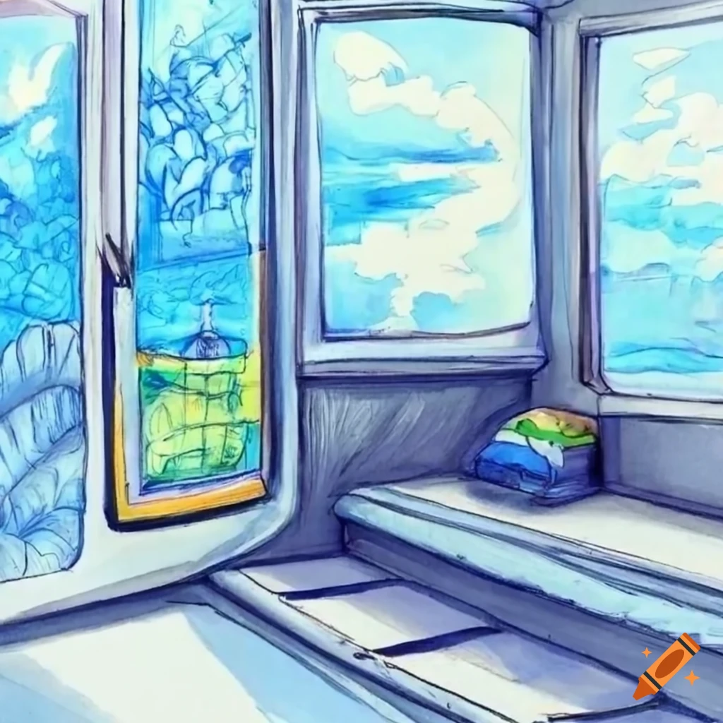 Colorful illustration of a train peeking through a window