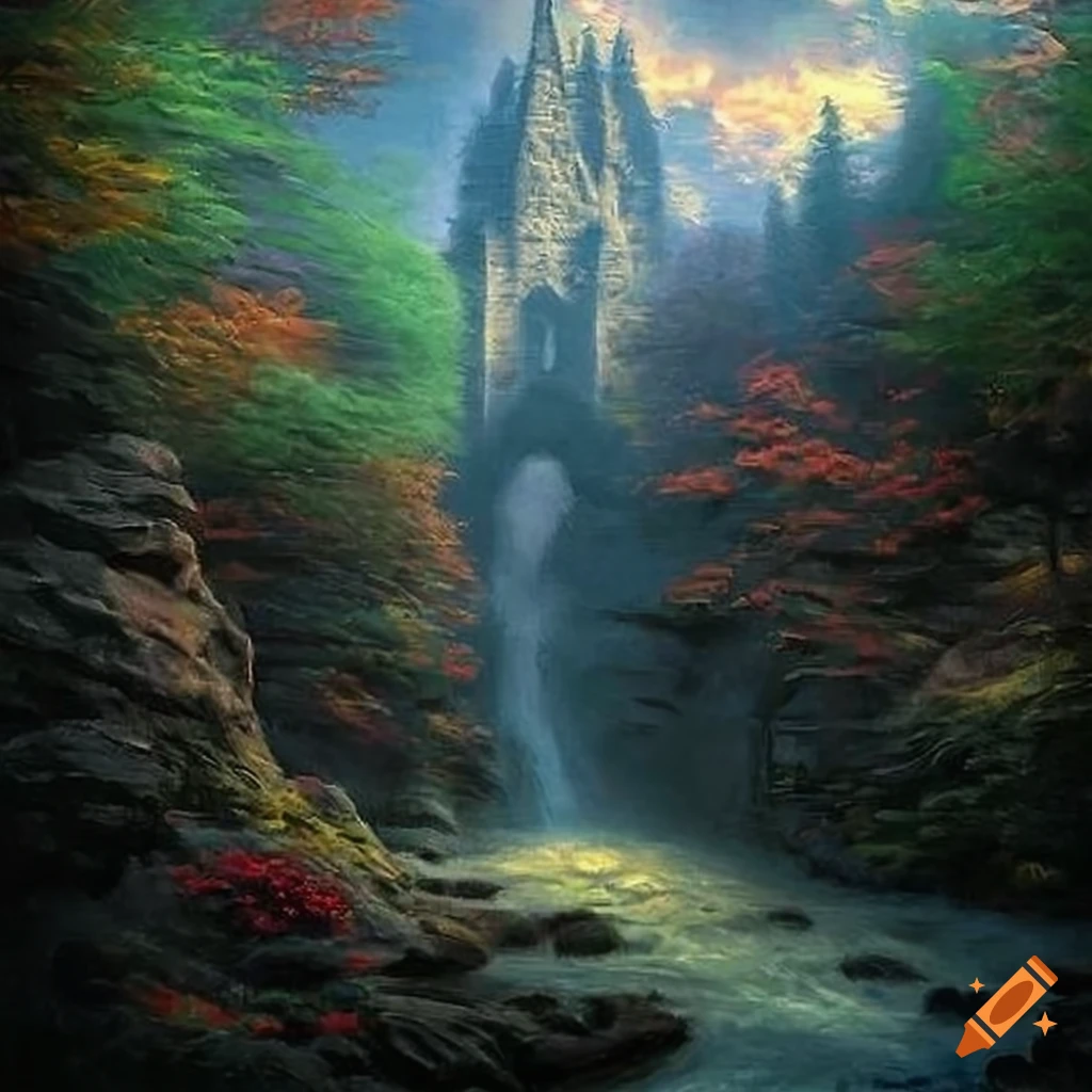 Painting of a dark wizard's tower in a mountain range on Craiyon