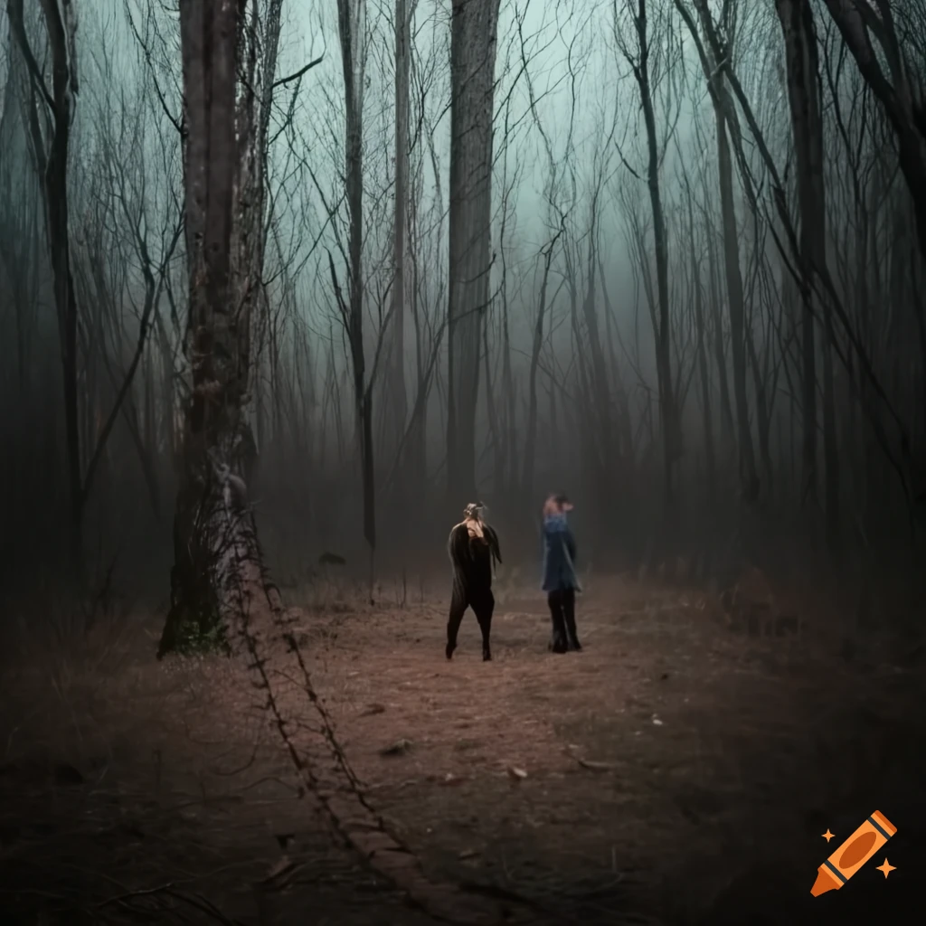 Two people in a forest at dusk with a broken truck on Craiyon